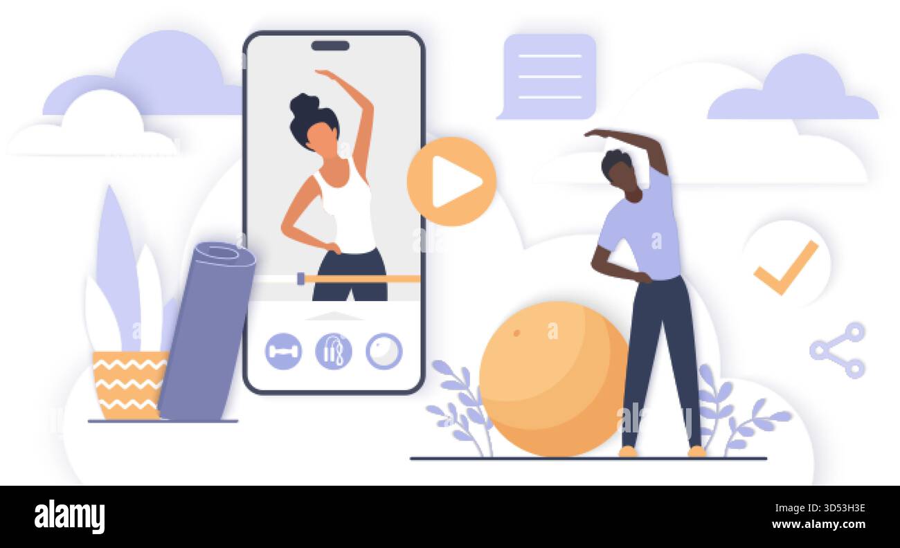 People practicing yoga online with digital devices, exercise mat ...