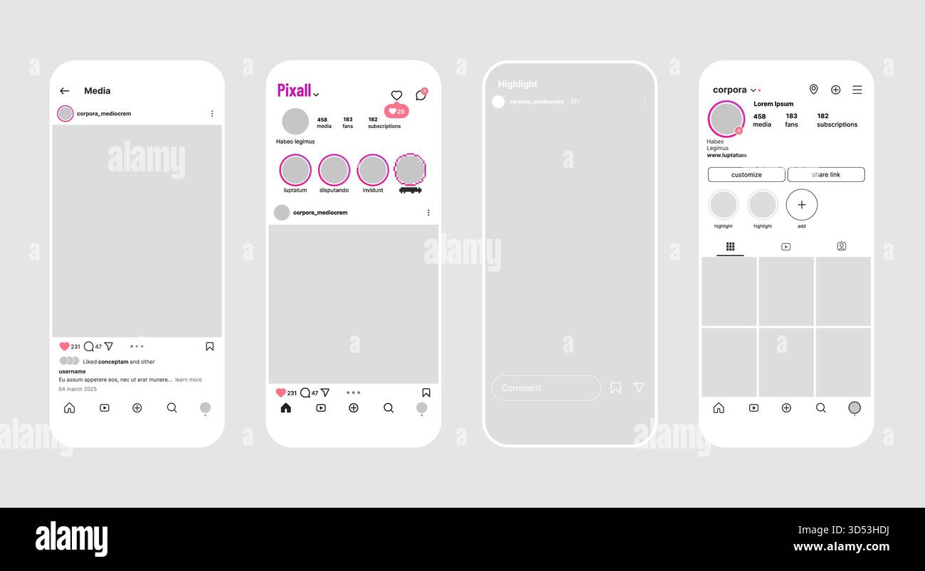 Modern social media app interface template with profile, feed, and ...