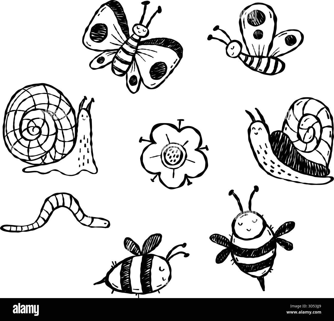 Insects Doodle. Cute Bees, Butterflies, Snails, Worm and Flower ...