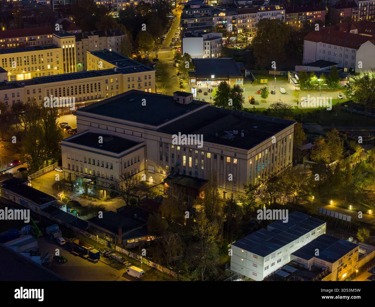 Aerial view of the iconic Berghain nightclub illuminated against the ...