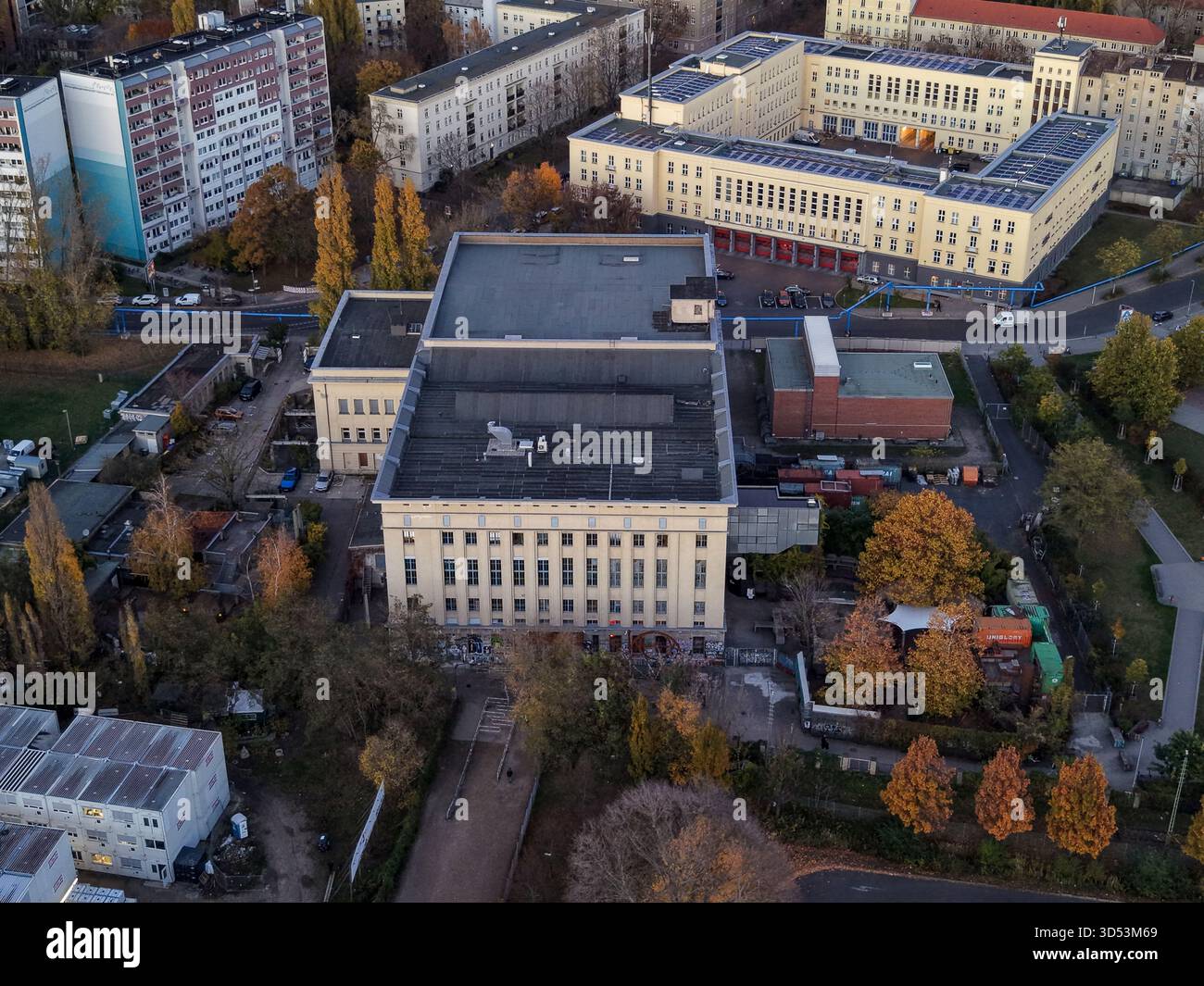 Aerial view of the iconic Berghain nightclub, a monumental structure ...