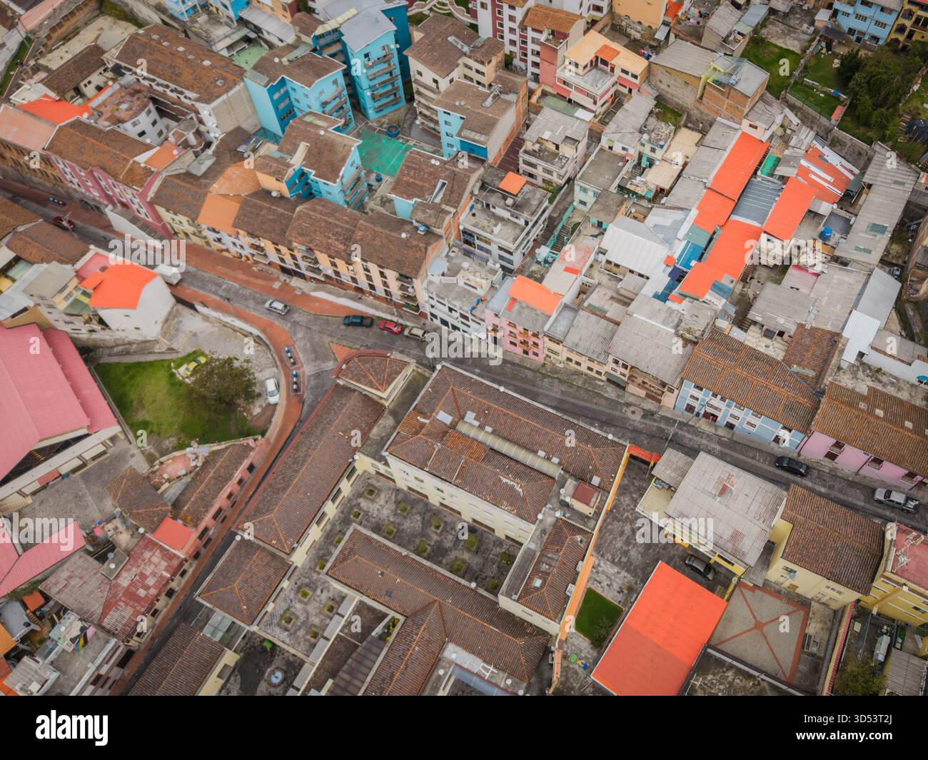 Aerial view of the orange rooftops and colorful buildings create a ...
