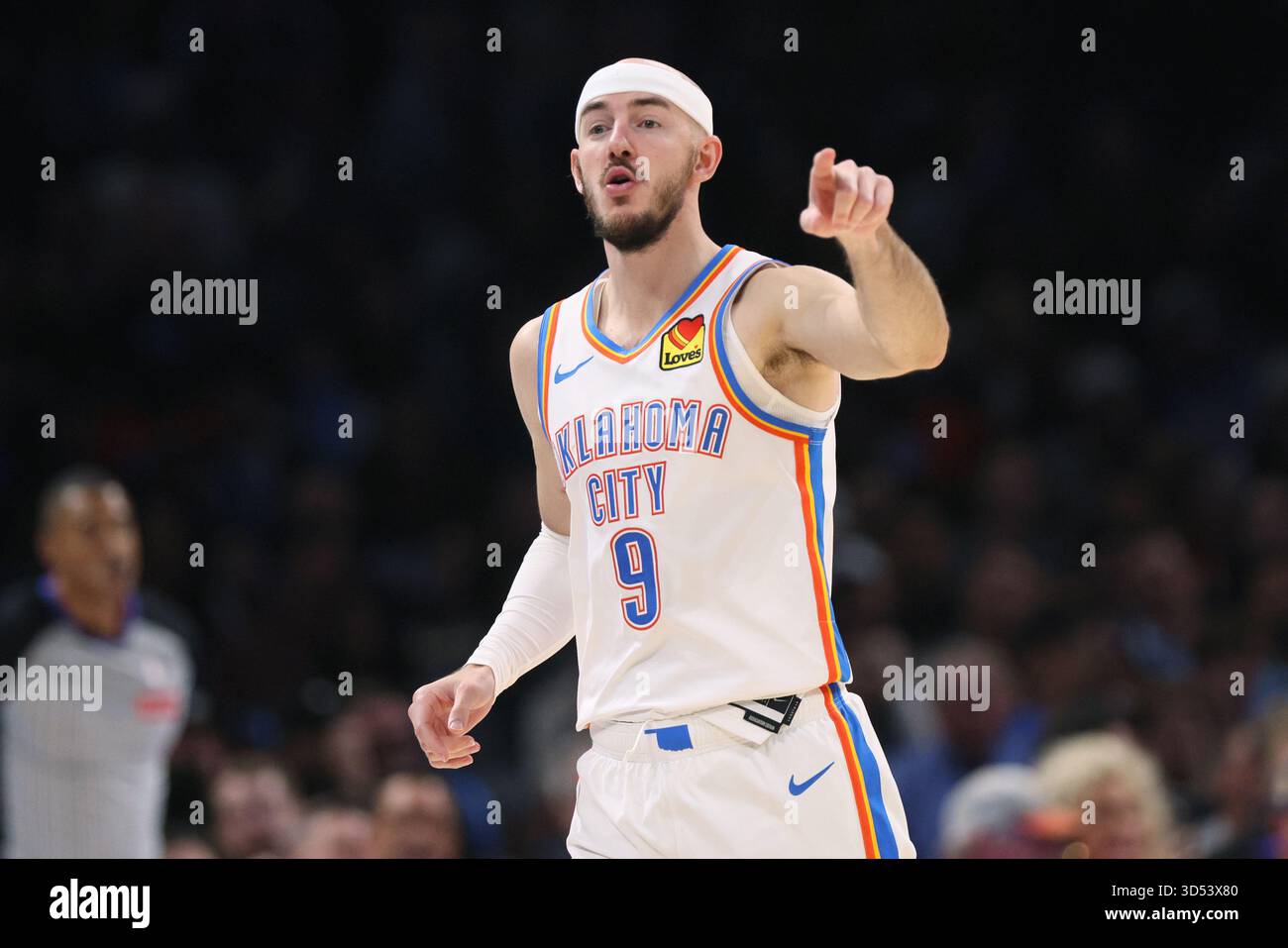 Oklahoma City Thunder guard Alex Caruso gestures during the second half ...