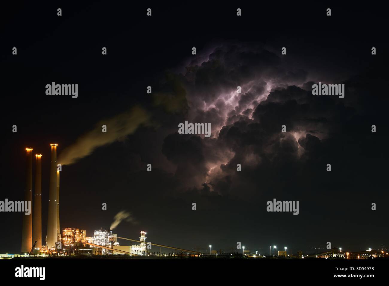Lightning strikes over Orot Rabin power plant near Hadera, Israel ...