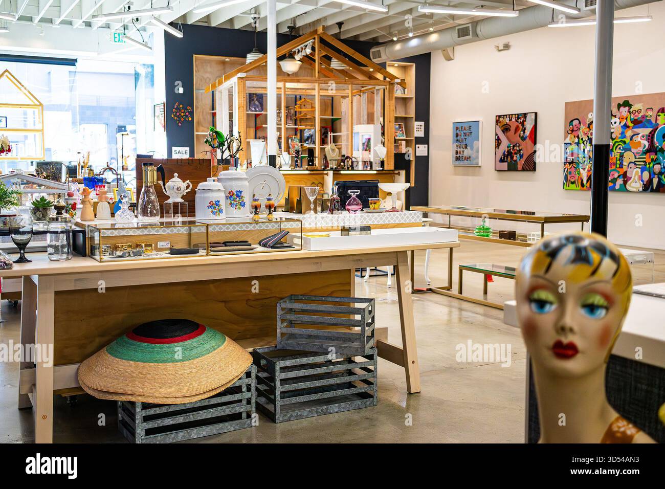 Interior of a vintage thrift store or charity shop with quirky ...