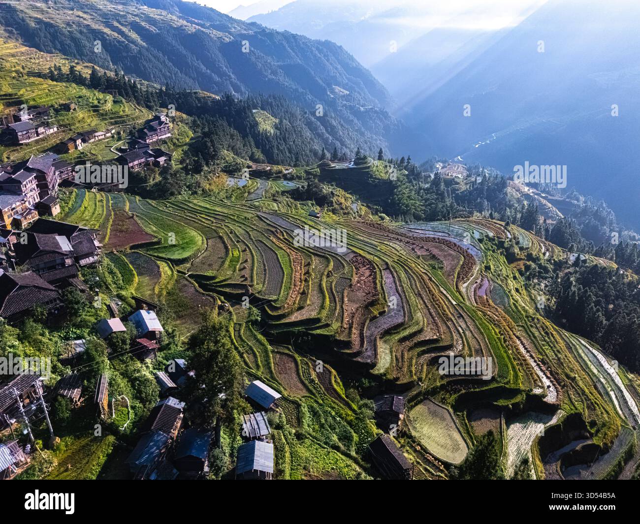 Aerial view of Jiabang Rice Terraces in the Congjiang County, Guizhou ...