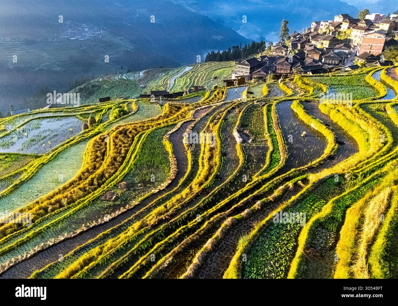 Aerial view of Jiabang Rice Terraces in the Congjiang County, Guizhou ...