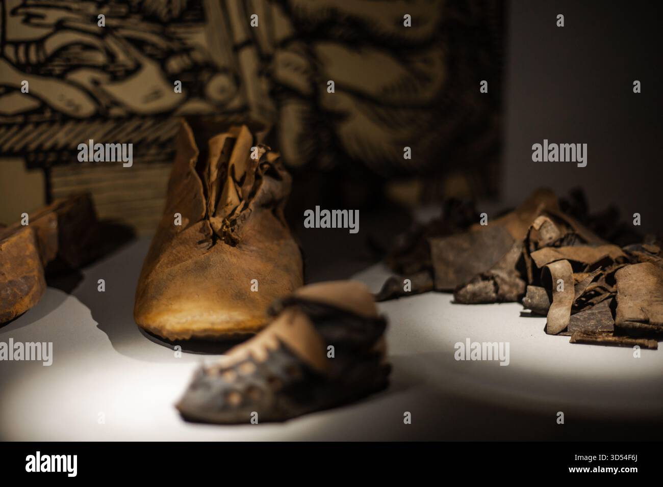 Various antique objects placed in a medieval castle interior, including ...
