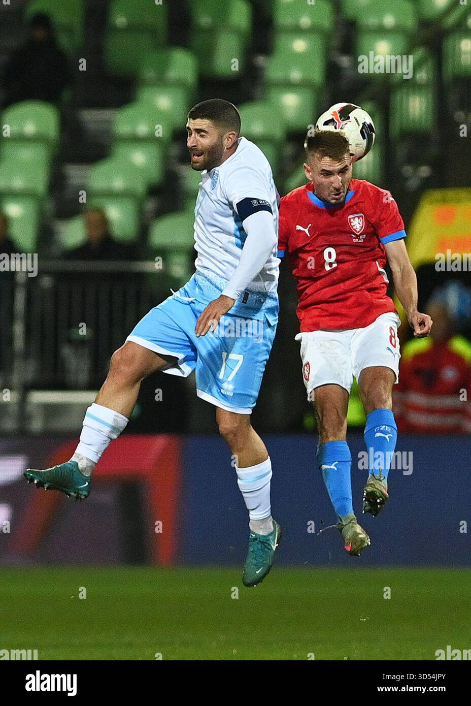 L-R Alessandro Golinucci (San Marino) and Michal Sadilek (Czechia) in action during football ...
