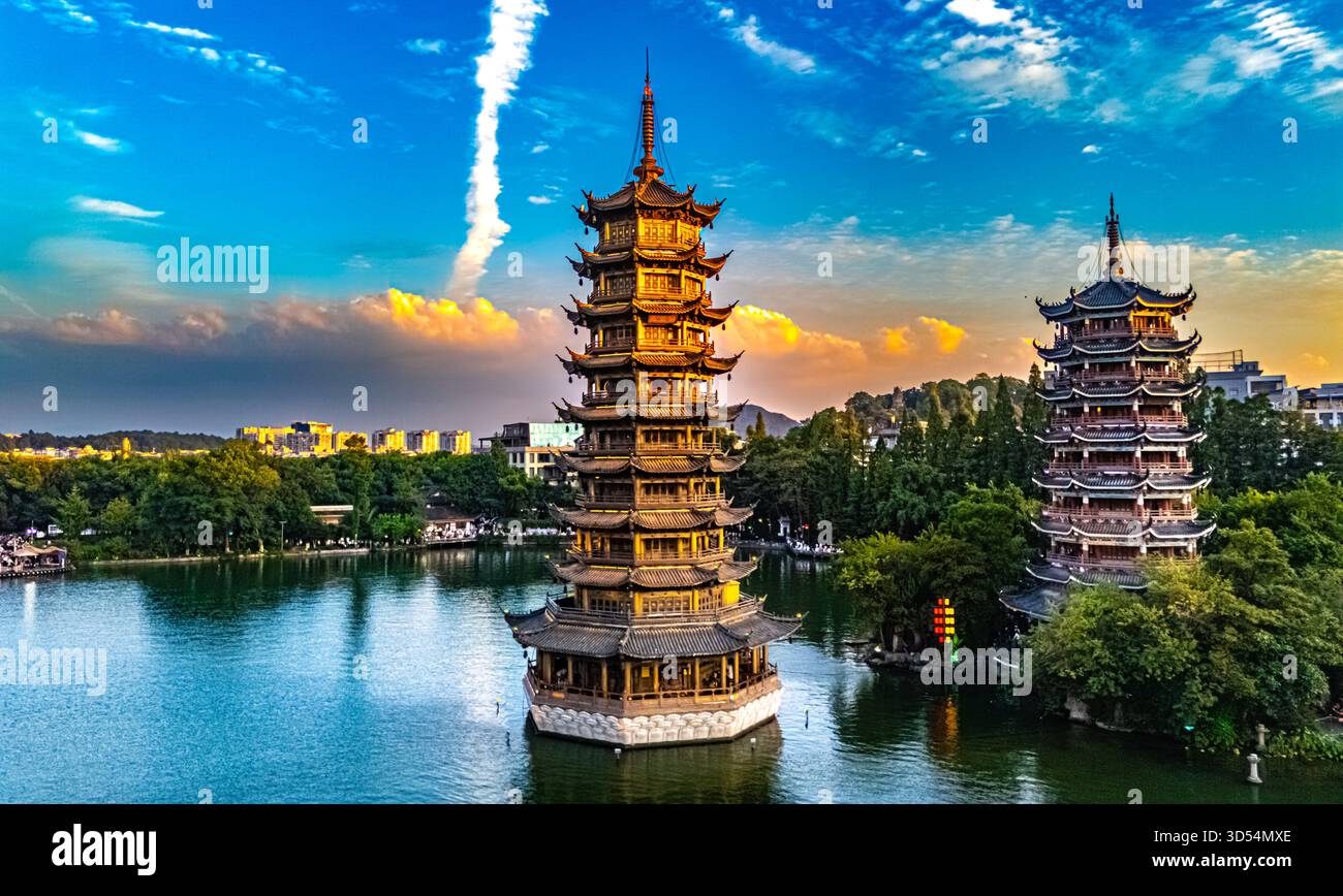 GUILIN, CHINA - OCT 2, 2025: The Sun and Moon Pagodas in Shan Lake in ...