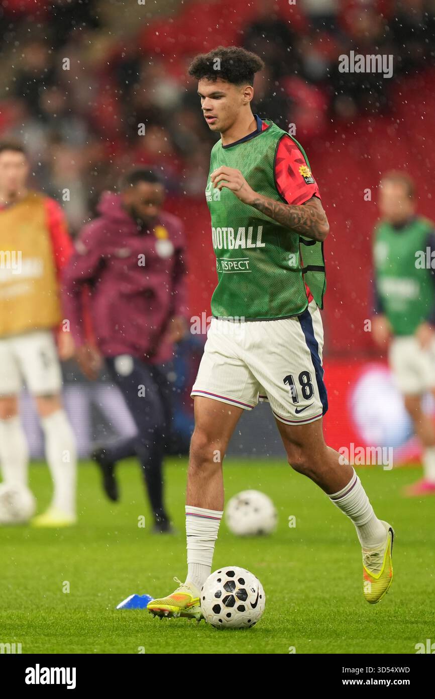 Nico O'Reily of England warming up prior to the England v Serbia UEFA ...