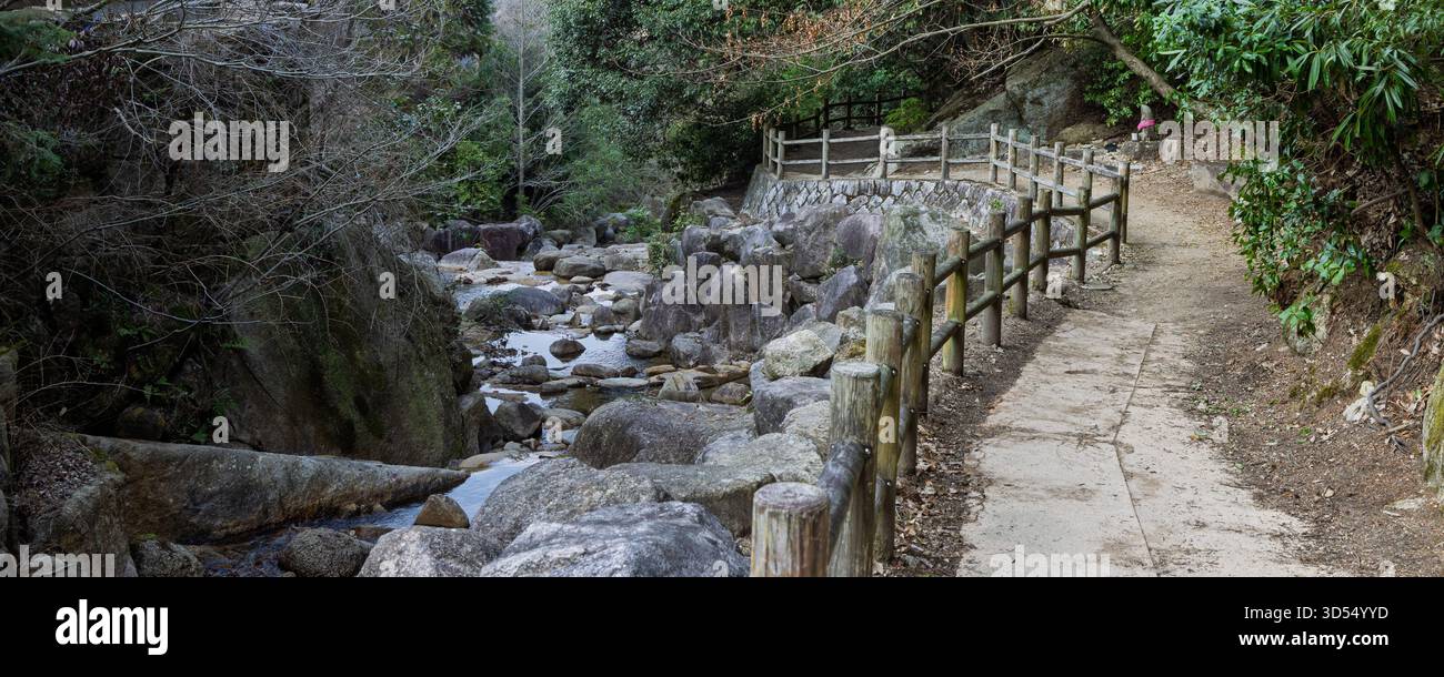 Panoramic view Heavy walking trail with a lot of stairs to Mount Misen ...