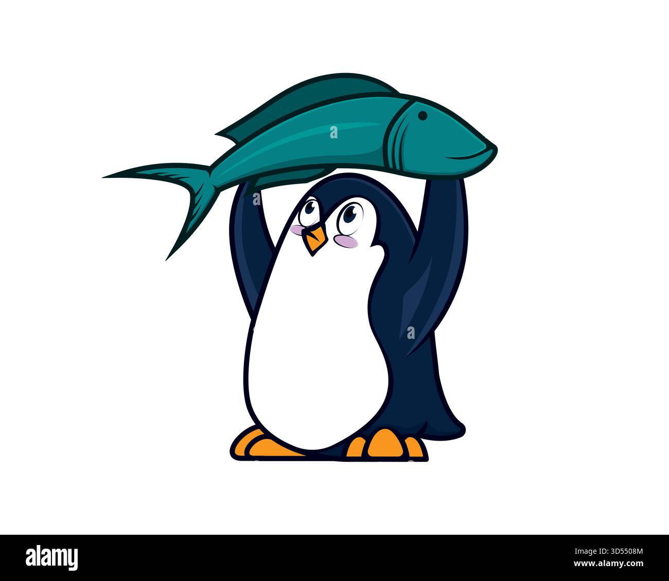 Cute Penguin Catching Fish visualized with Simple Illustration Stock ...