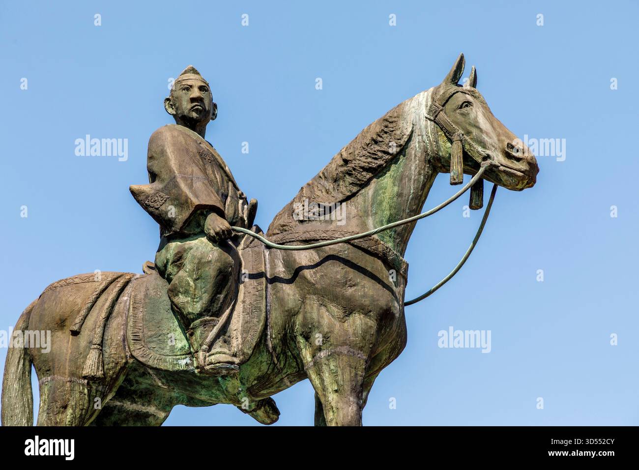 Statue of man on horse, Lord Ouchi Hiroyo, Ruriko-ji pagoda, Yamaguchi ...
