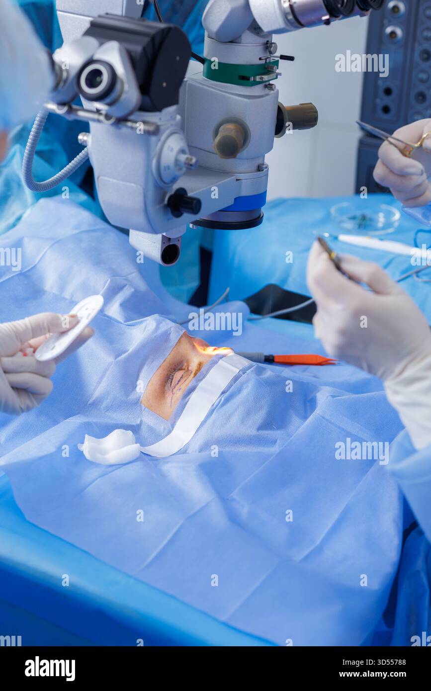 Oculoplastic team performs blepharoplasty under an operating microscope ...
