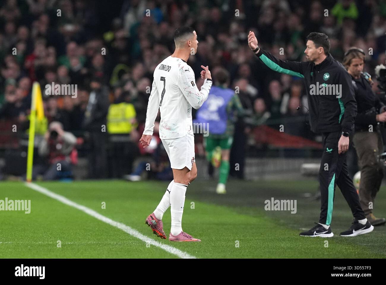 Portugal's Cristiano Ronaldo hands the arm band to team-mate Bernardo ...