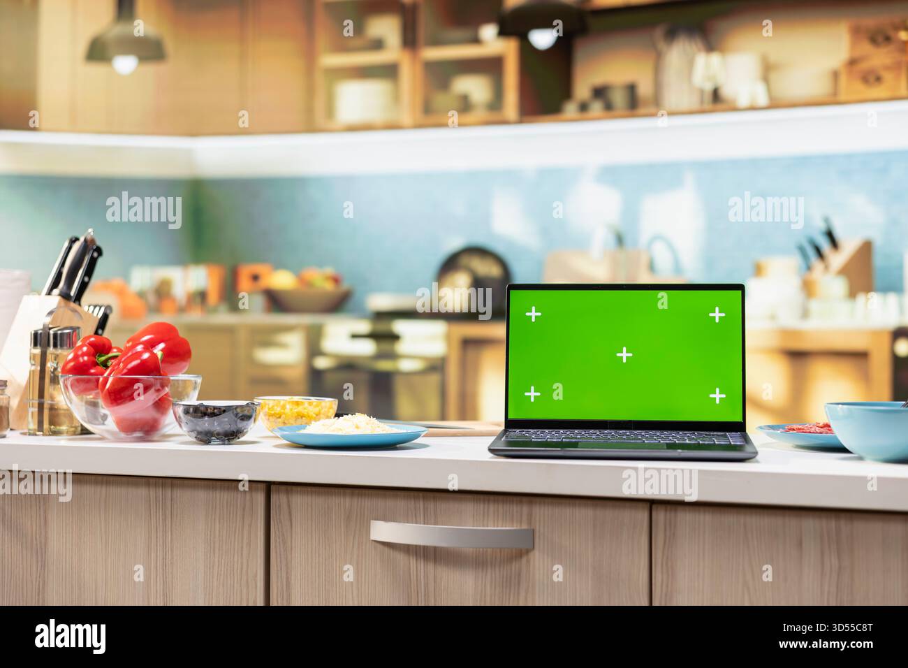 Green screen in modern kitchen interior with a pizza recipe in progress ...