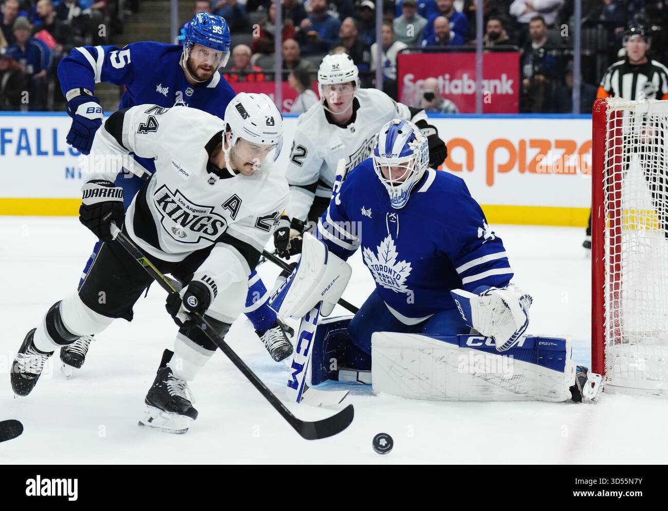 Toronto Maple Leafs goaltender Dennis Hildeby (35) makes a save as Los ...