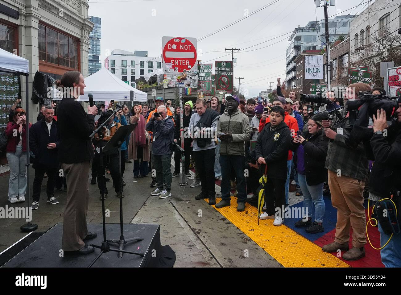 Seattle mayor-elect Katie Wilson speaks to Starbucks employees and ...
