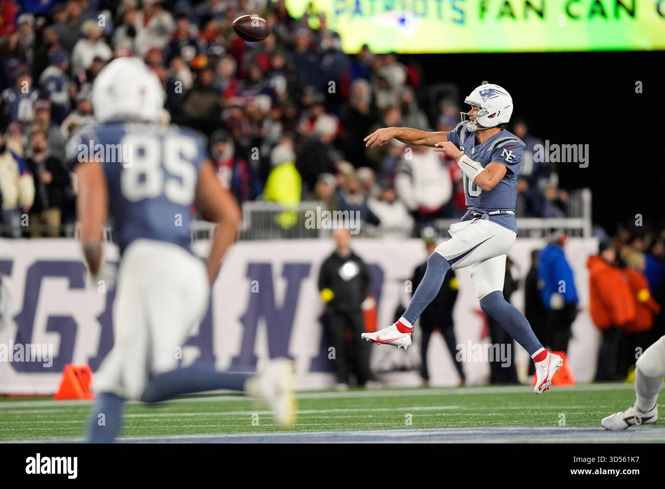 New England Patriots quarterback Drake Maye passes during the first ...
