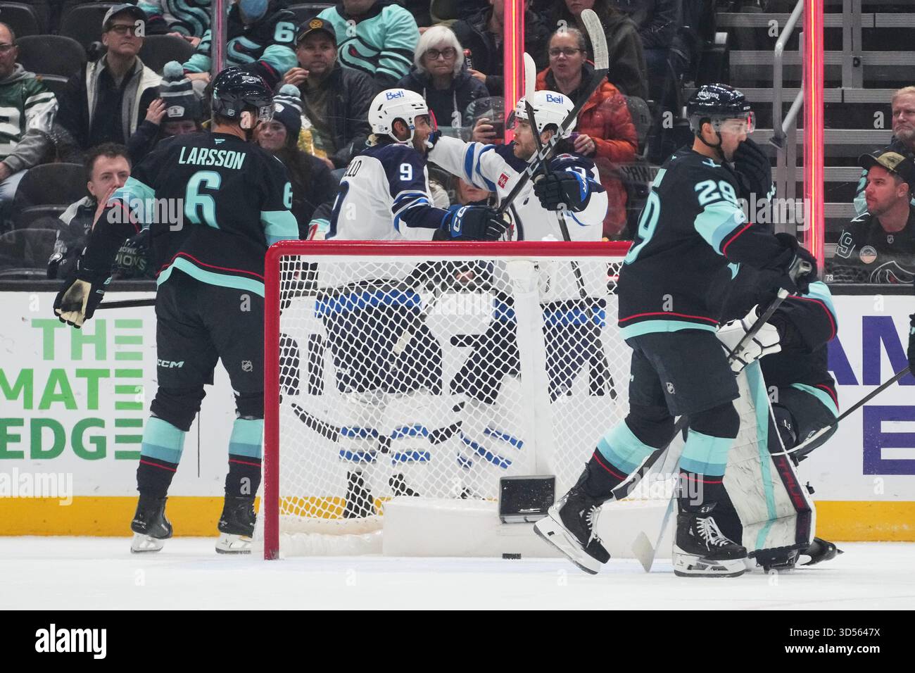 Winnipeg Jets left wing Alex Iafallo (9) celebrates his goal with ...