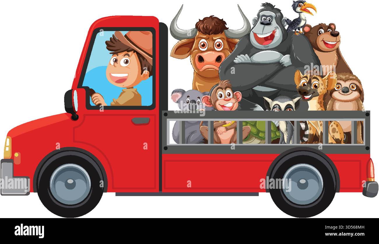 Cartoon zookeeper transports various wild animals in red truck, flat ...