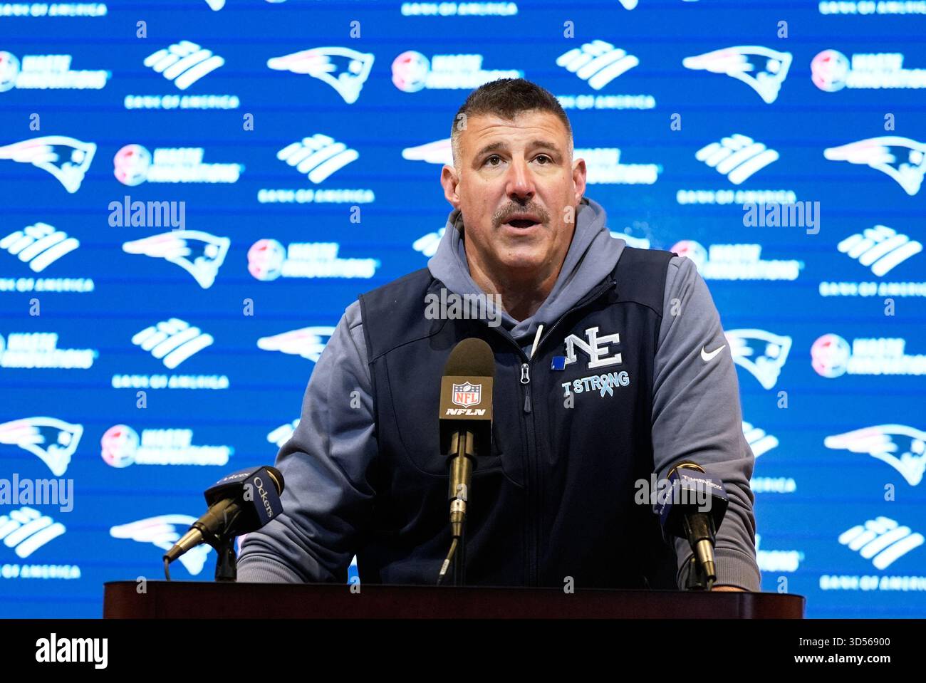New England Patriots head coach Mike Vrabel speaks after an NFL football game against the New ...