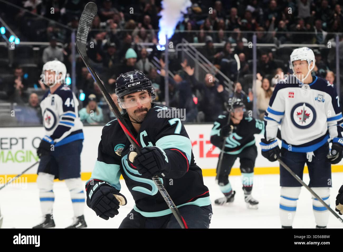 Seattle Kraken right wing Jordan Eberle celebrates his goal against the ...