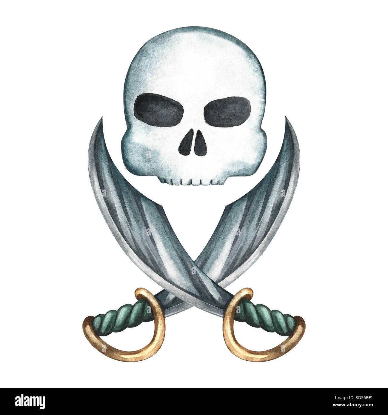 Pirate theme. Skull and crossed cutlasses. Hand-drawn watercolor ...
