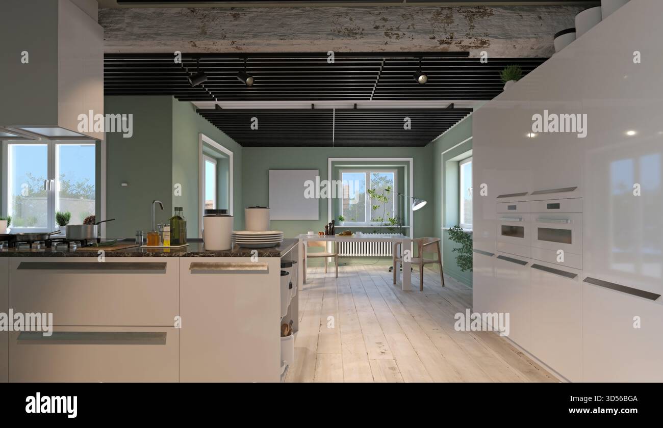 A 3D rendering of a modern kitchen with white gloss cabinets, sage ...