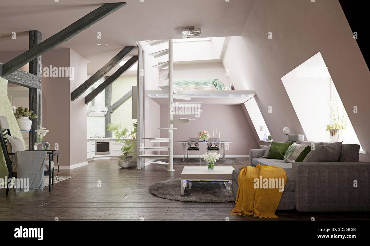 A 3D rendering of a modern, open-plan loft apartment with a mezzanine ...