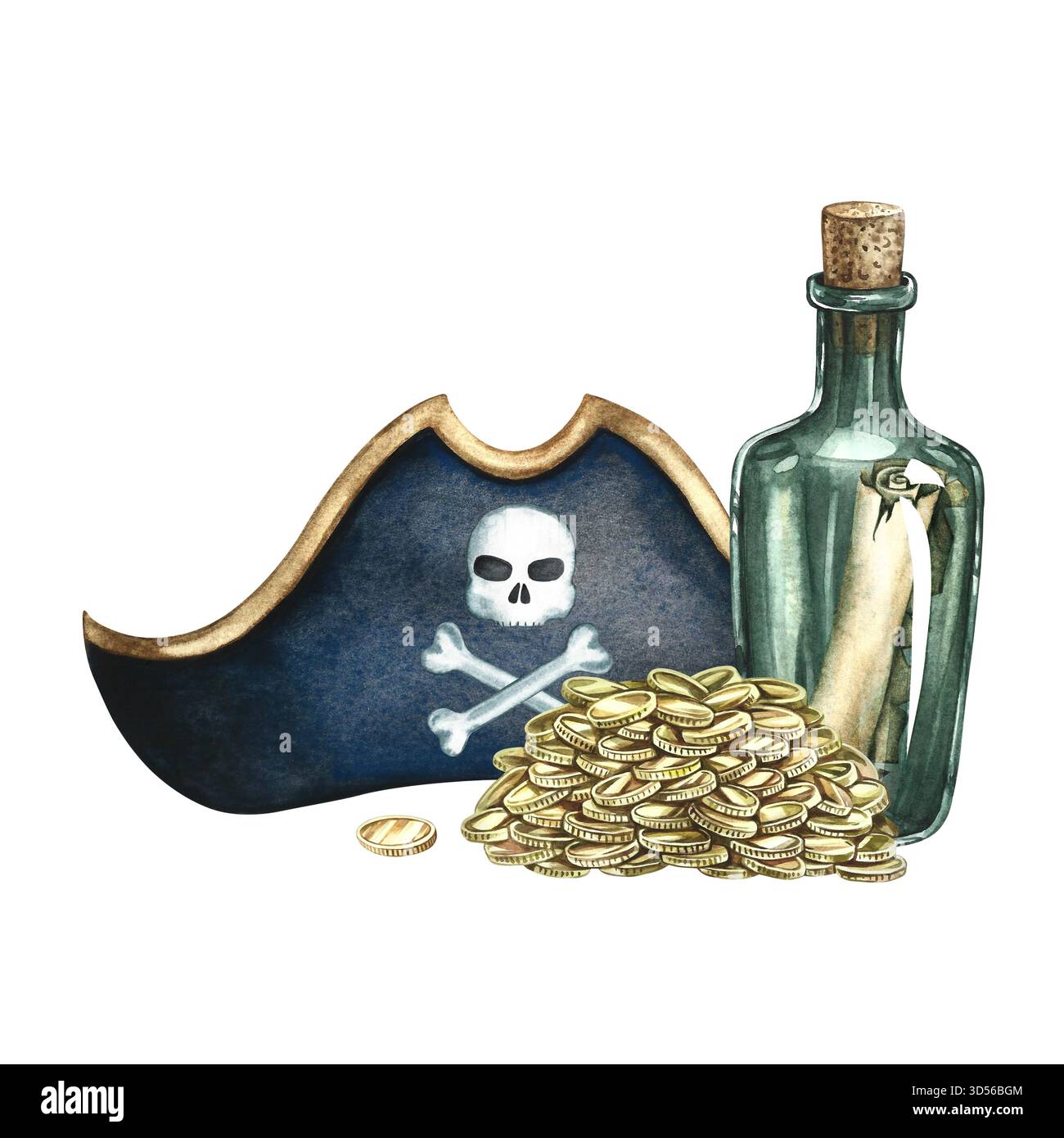 Pirate theme. A triangular hat, a pile of gold coins, and a scroll in a ...