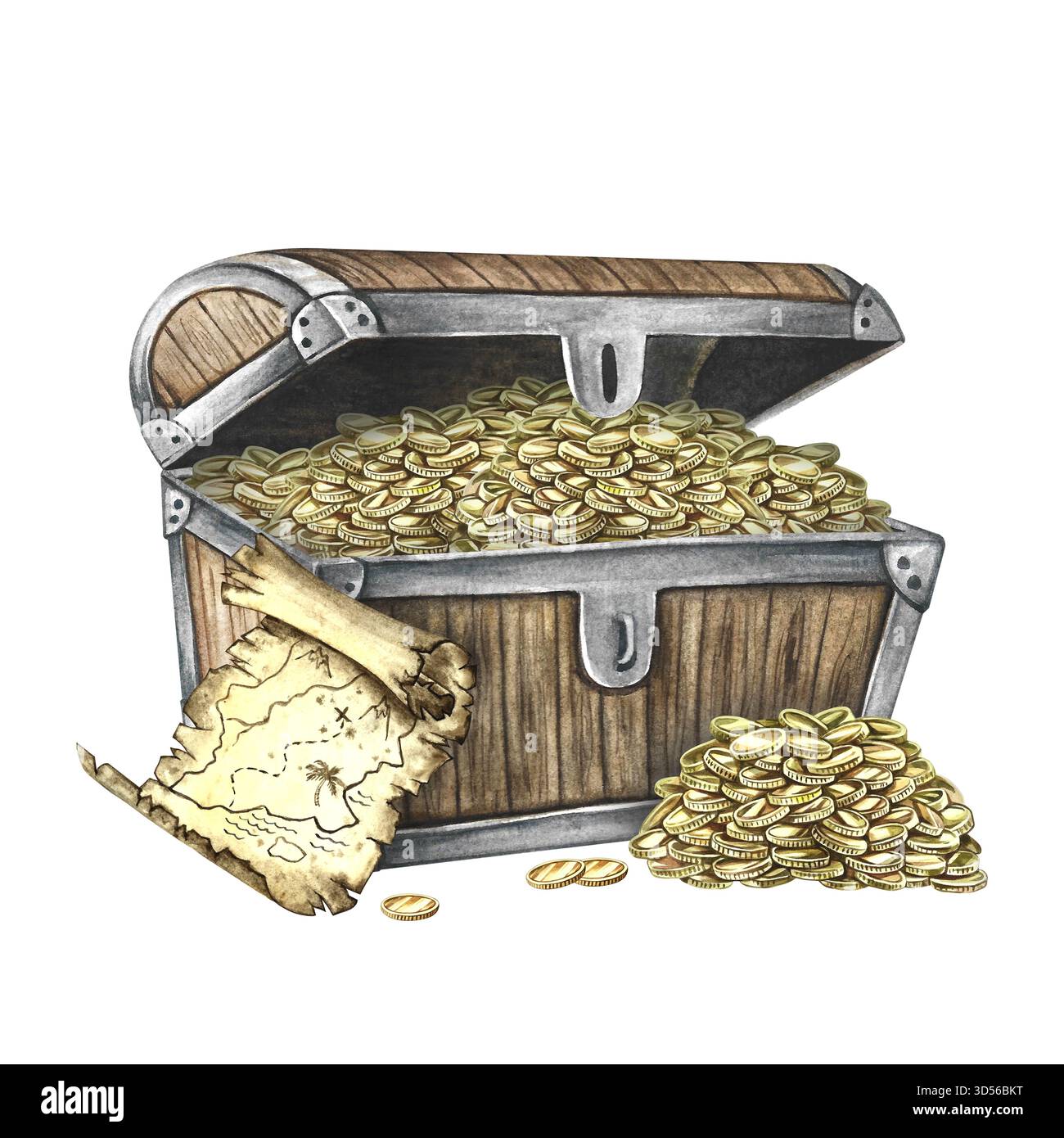 Treasure Island. Chest with gold coins and a treasure map. Hand-drawn ...