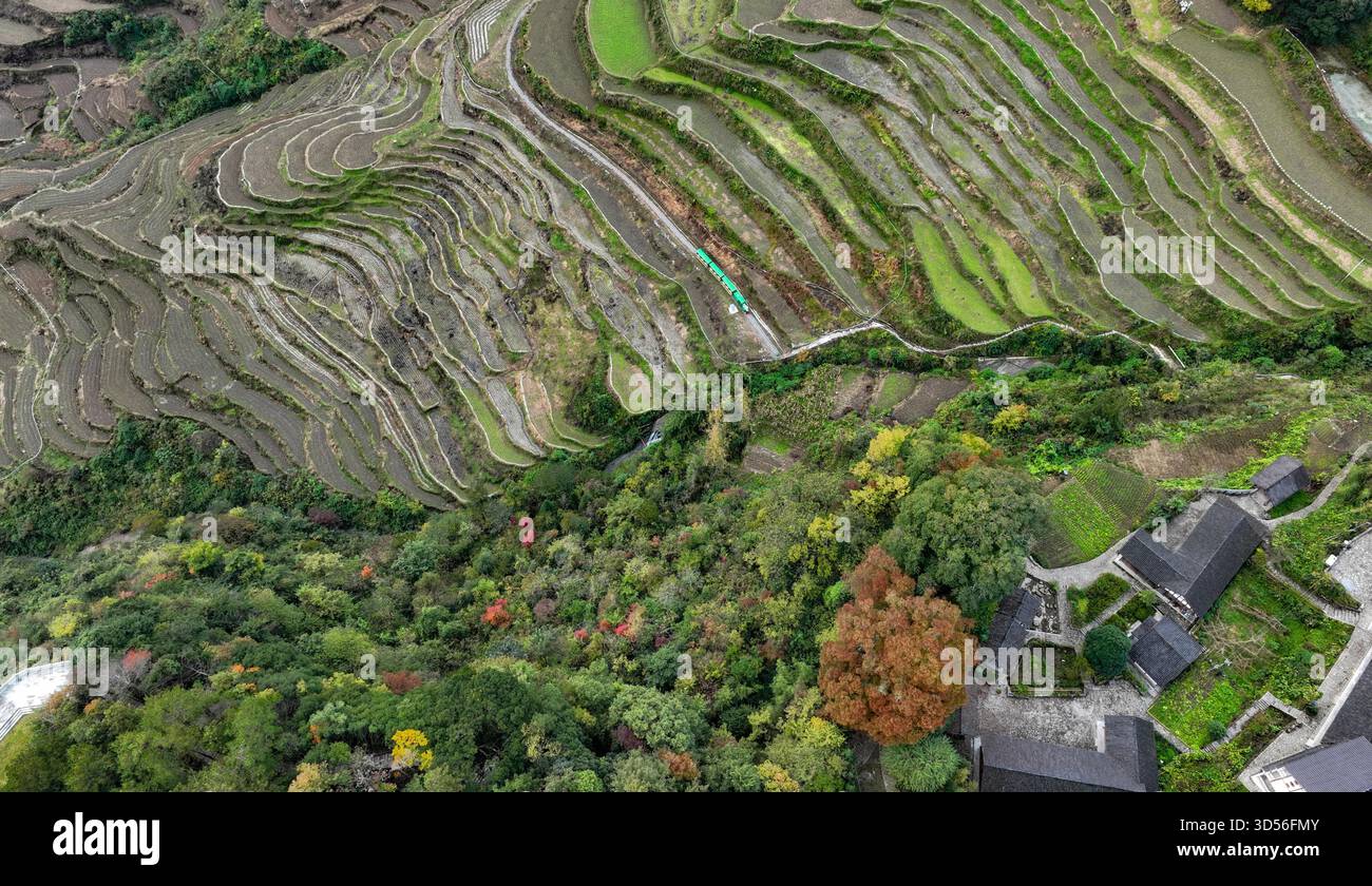 Aerial photo shows the early winter scenery of terraced fields in ...
