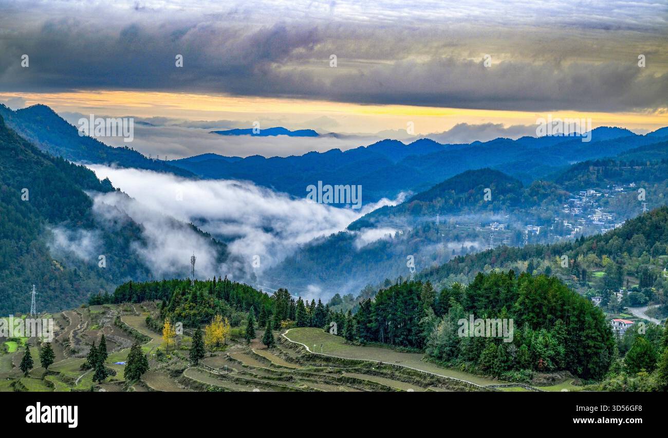 Aerial photo shows the early winter scenery of terraced fields in ...