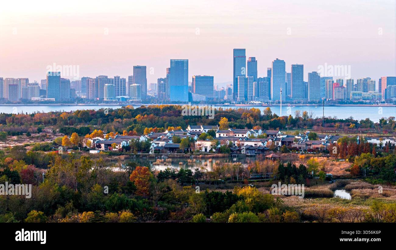 Aerial photo shows the colorful forest scenery in Qingdao City, east ...