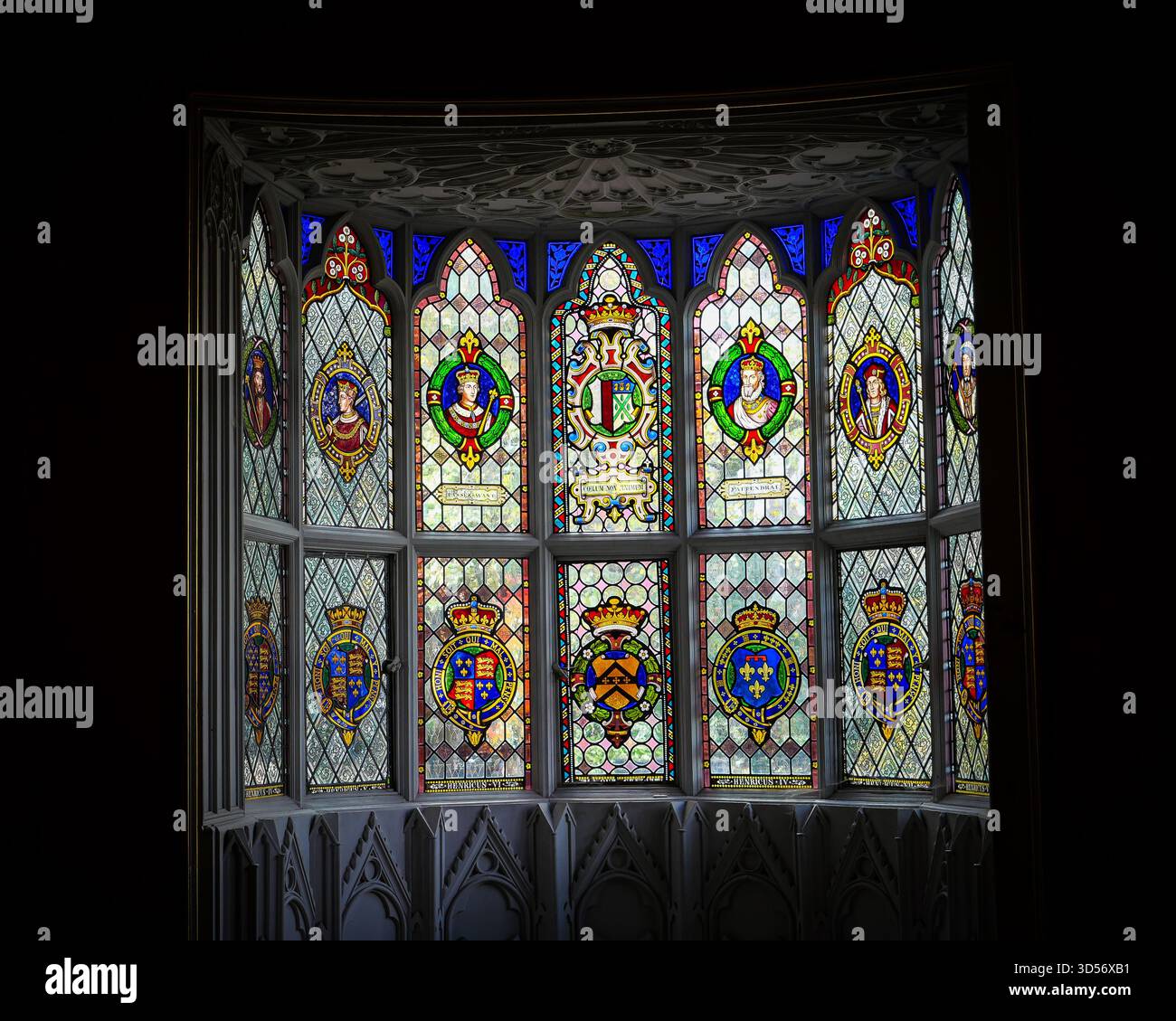 Ornate Stained Glass Bay Window with Heraldic Panels Stock Photo - Alamy