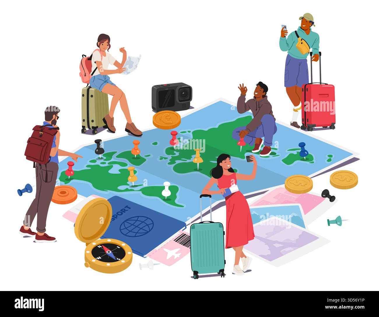 Group Of People Gather Around Huge World Map, Pointing Out Locations ...