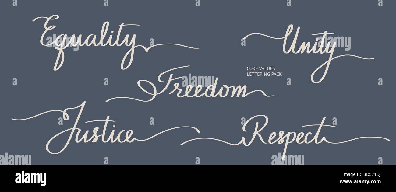 Core Values Calligraphy Words Set. Equality, Freedom, Justice, Respect ...