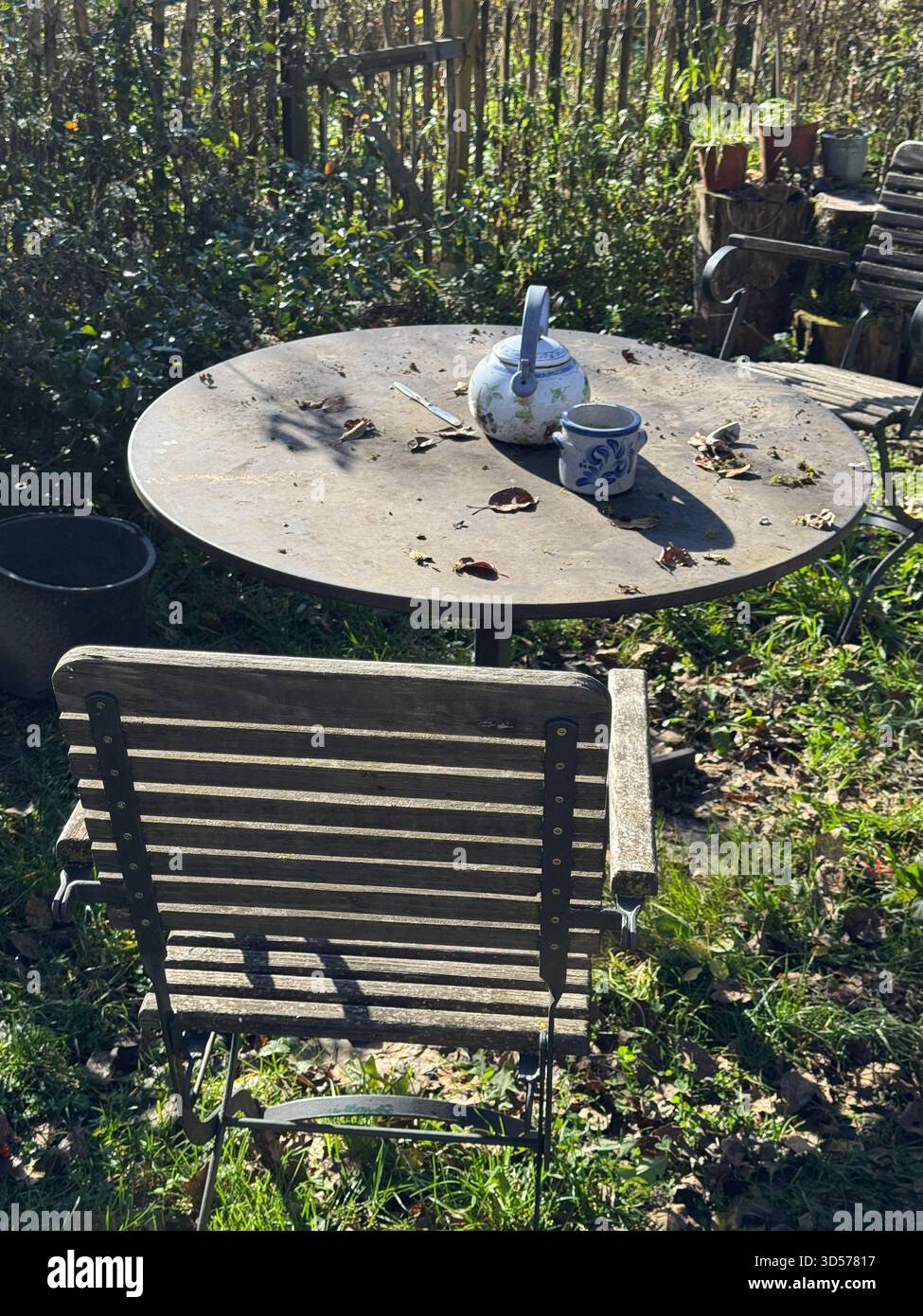 Rustic Garden Table with Teapot in Sunlight Stock Photo - Alamy