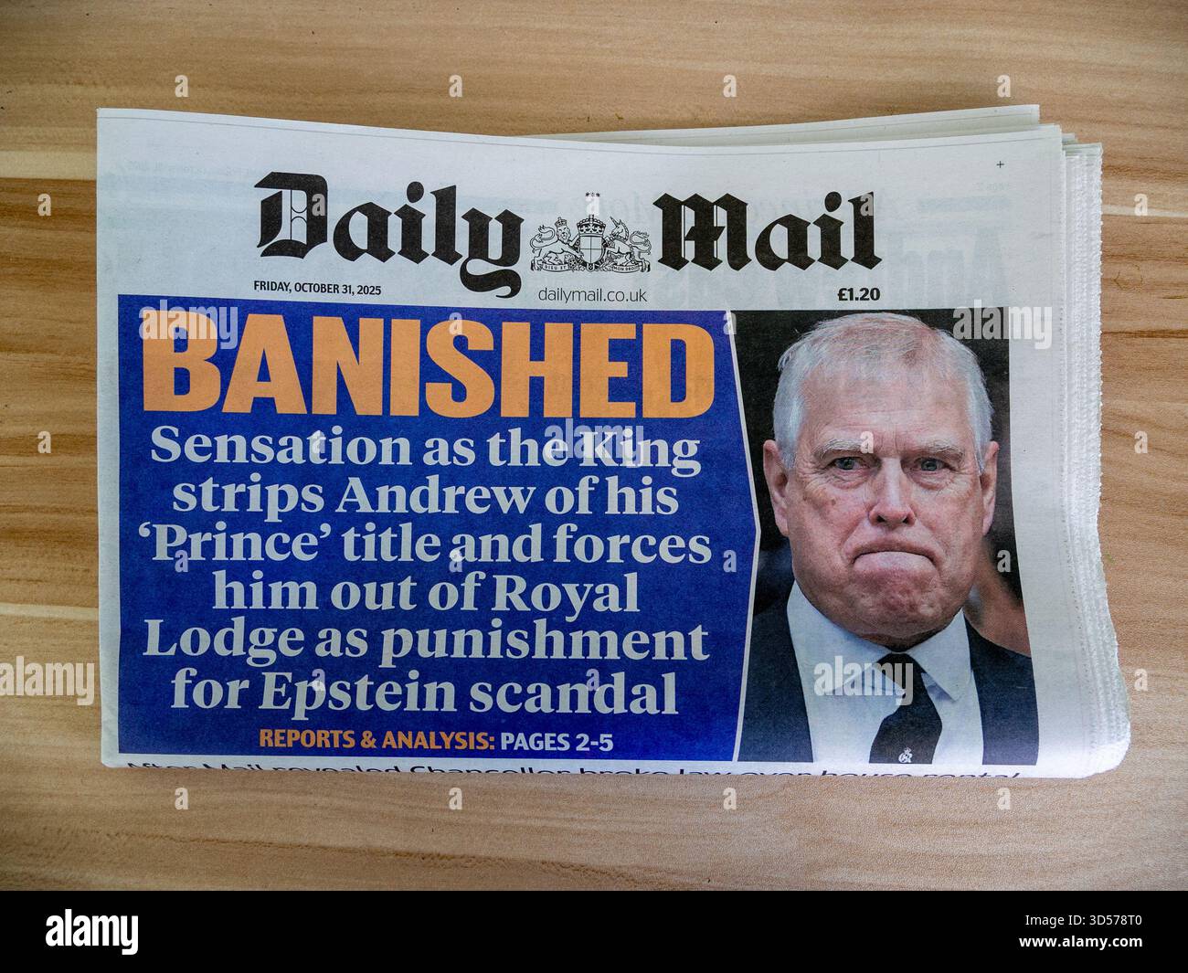 Front page of the Daily Mail newspaper 31 October 2025 regarding Prince ...