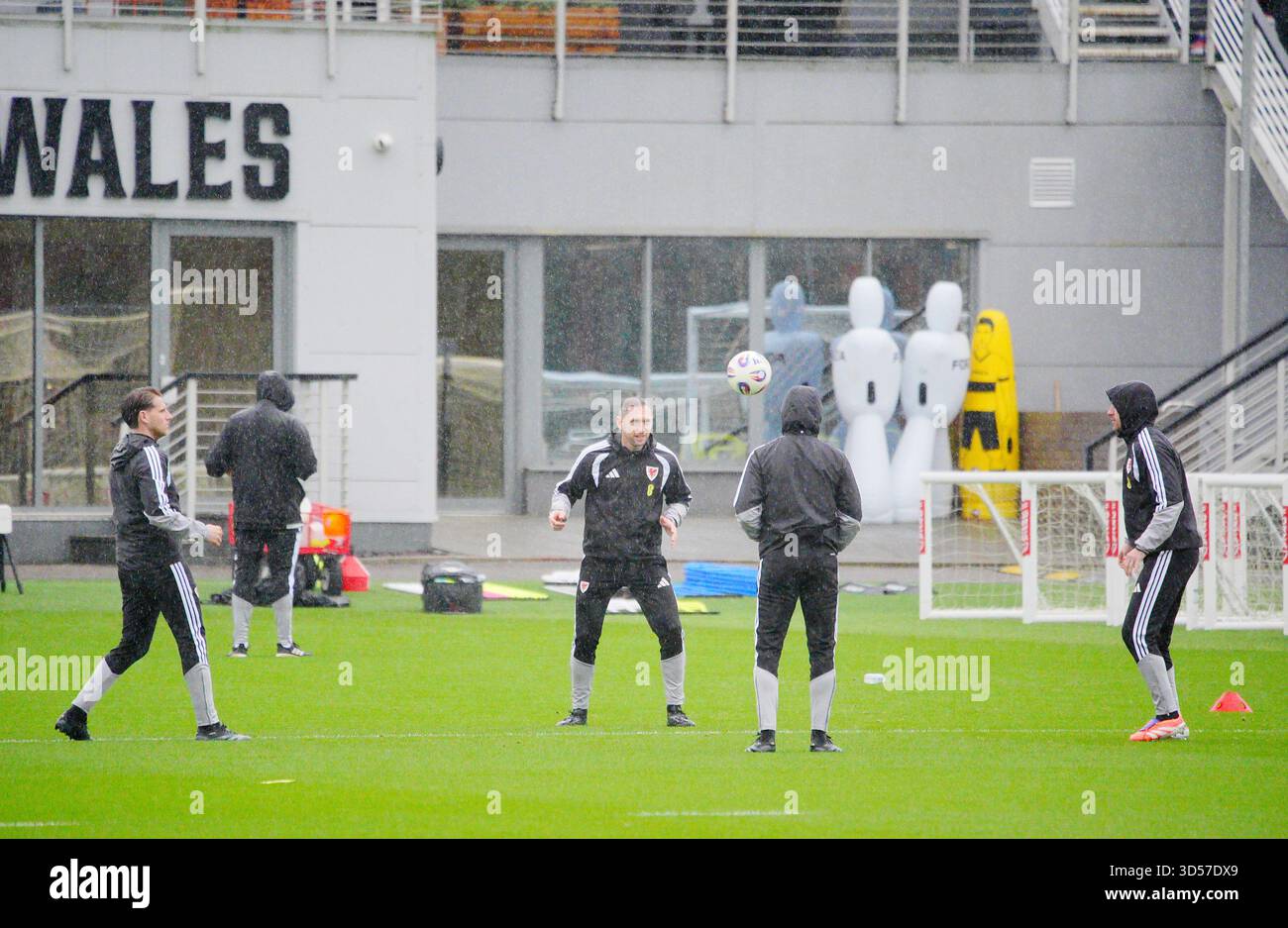 Wales players warm up during a training session at the Vale Resort ...
