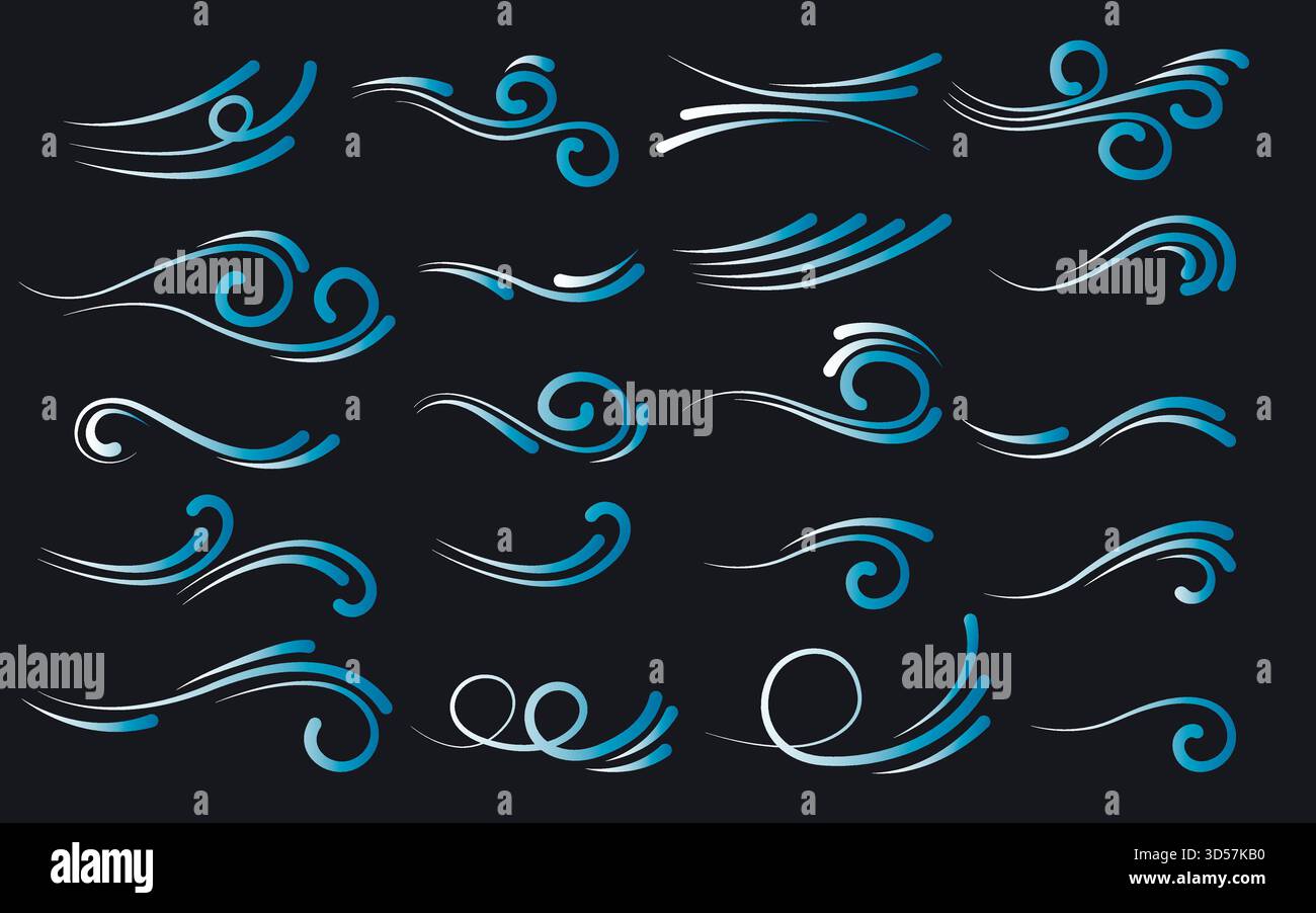 Icon set depicting waves and water movement. Swirls, curves, and liquid ...
