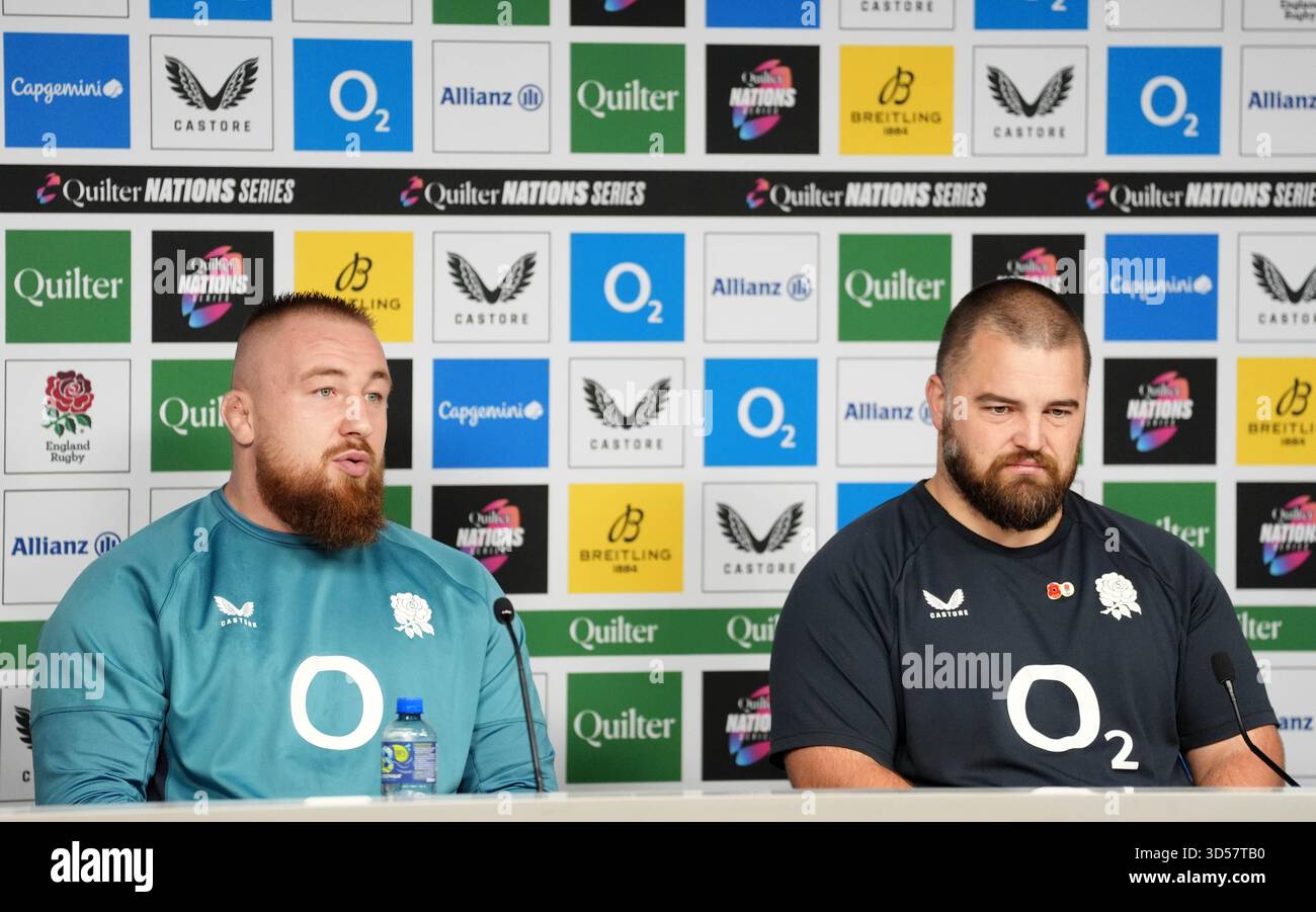 England's Joe Heyes and scrum coach Tom Harrison (right) during the ...