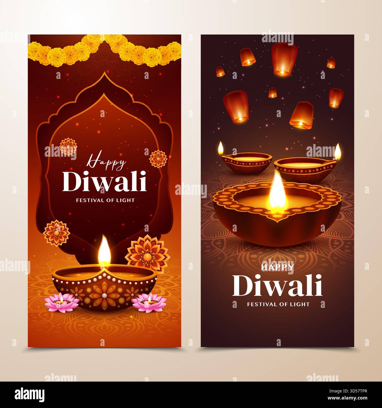 Vertical Diwali banners with traditional diya and flying lanterns Stock ...