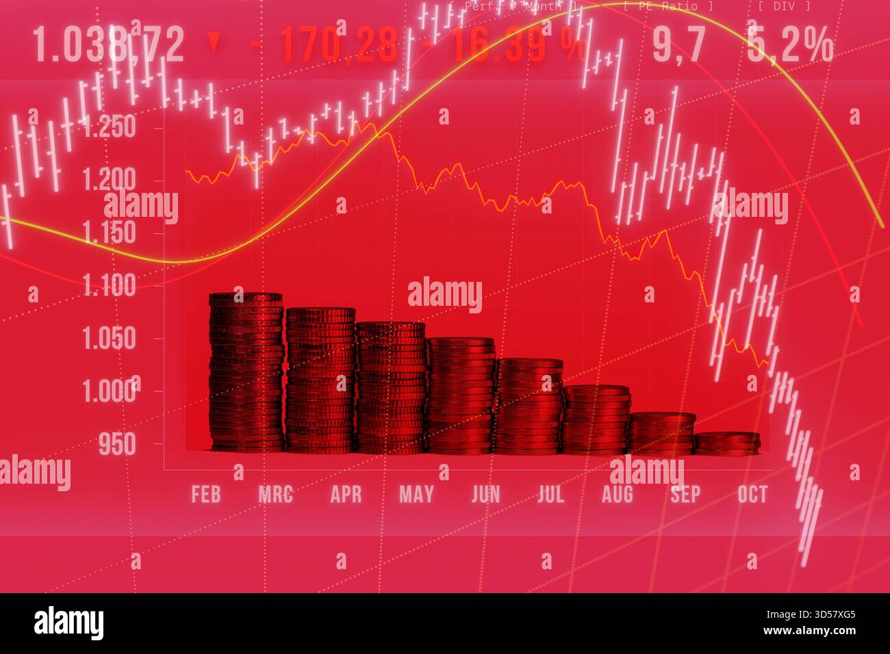 Stock market crash, falling chart, decreasing stacked euro coins, red ...