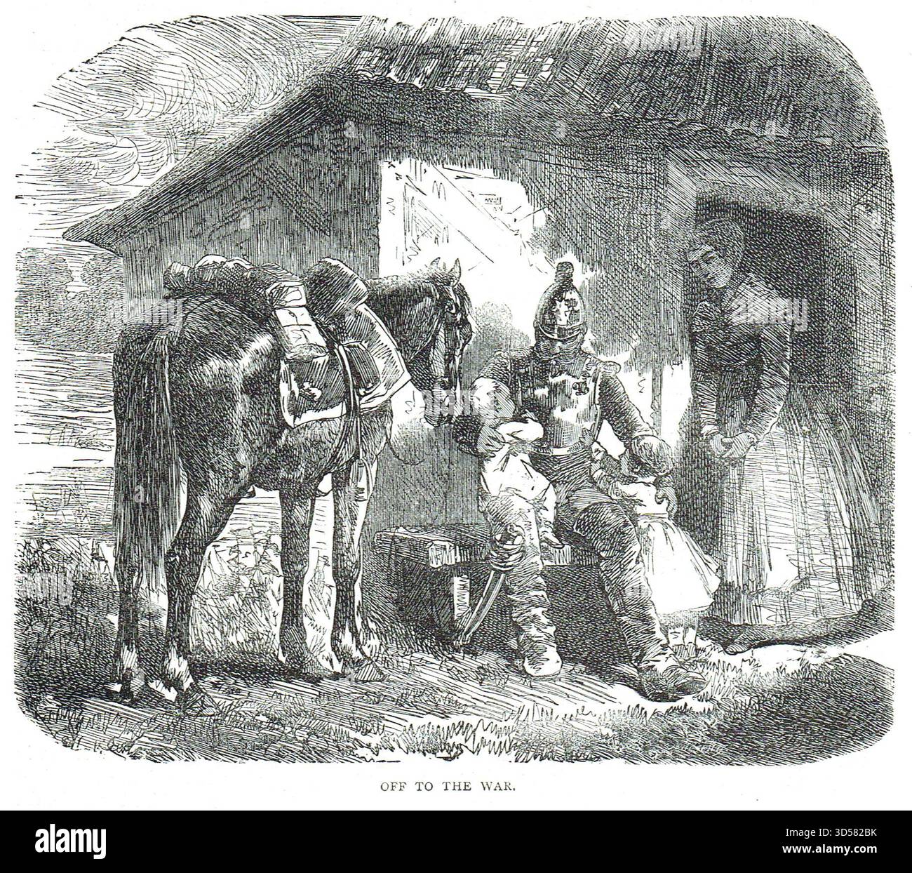 Off to the war, a soldier saying goodbye to his family during the ...