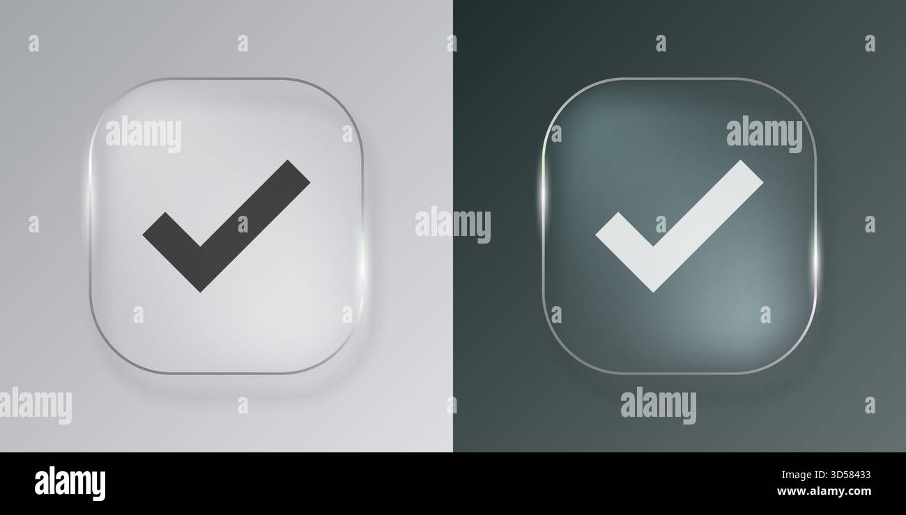 Liquid glass check mark vector frame in glassmorphism style ...