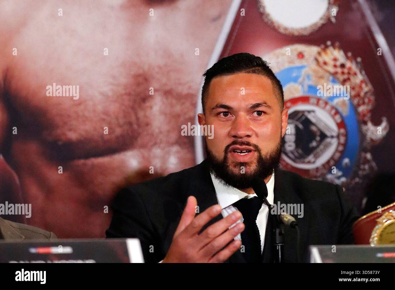 FILE - New Zealand's Joseph Parker speaks in front of his picture ...