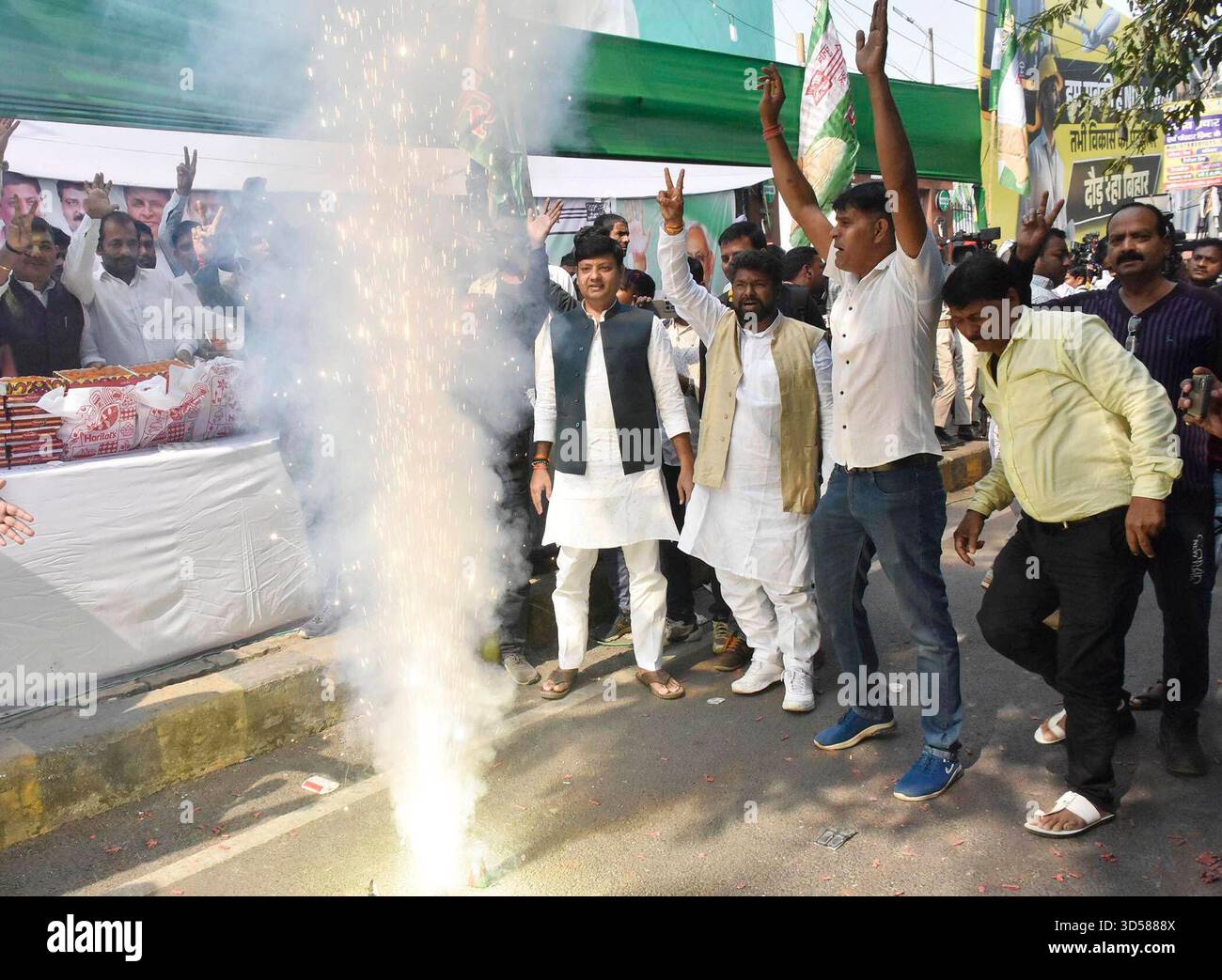 PATNA, INDIA - NOVEMBER 14: JDU supporters celebrating after party s ...
